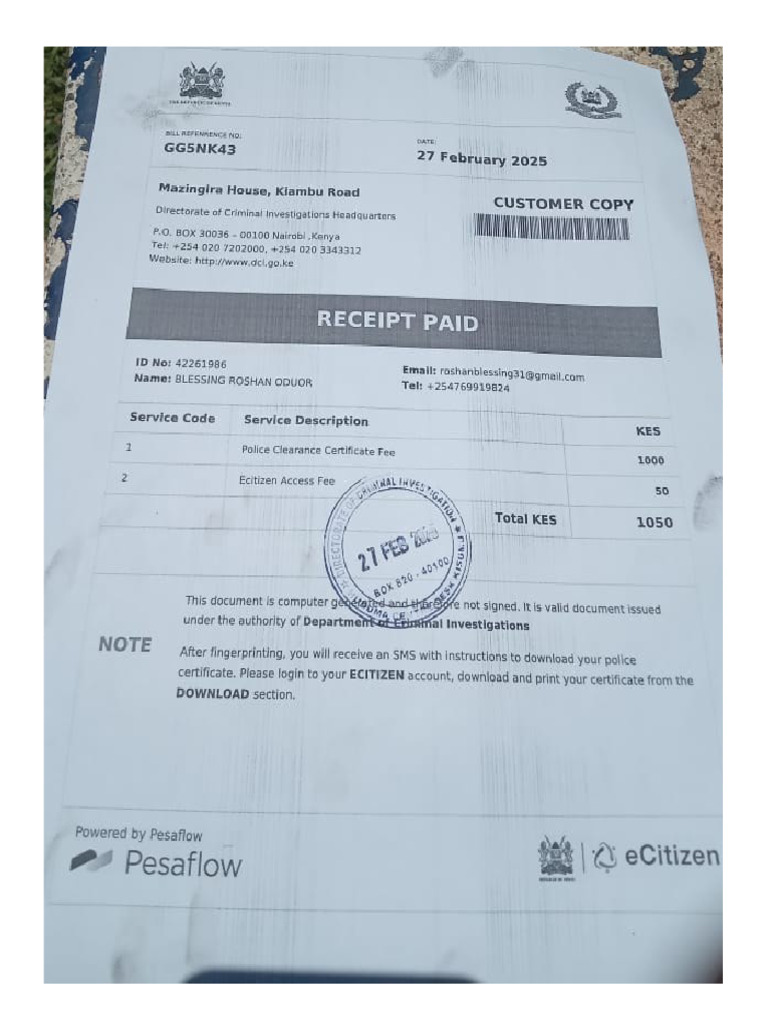 Blessing Roshan Good Conduct Receipt | PDF