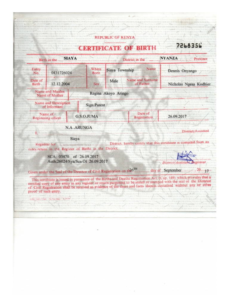 Dennis Onyango Birth Cert | PDF