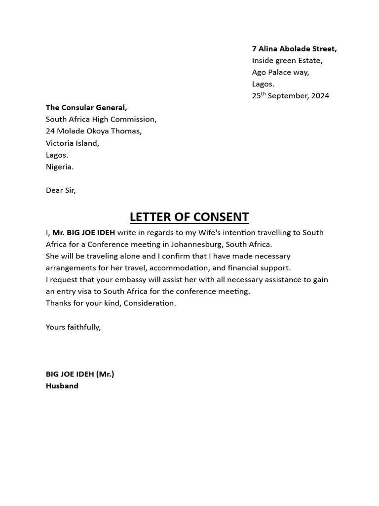 Consent Letter for Visa Application | PDF