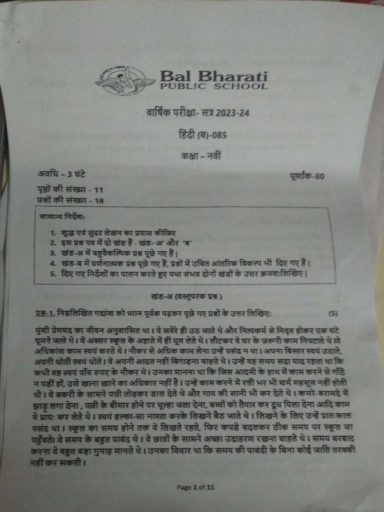 Class9th Question Paper (Hindi) | PDF