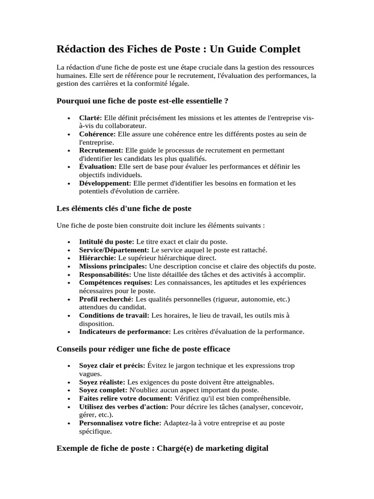 Guide de Rédaction de Fiches de Poste | PDF | Recrutement | Gestion des ...