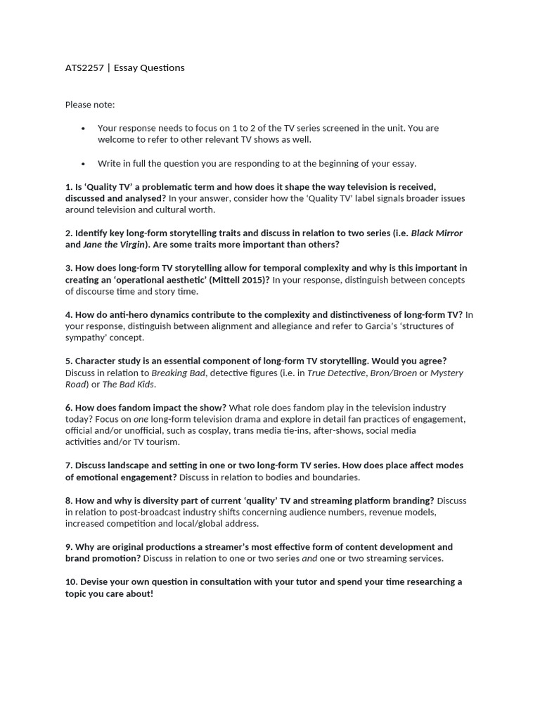 ATS2257 Essay Questions on TV Analysis | PDF