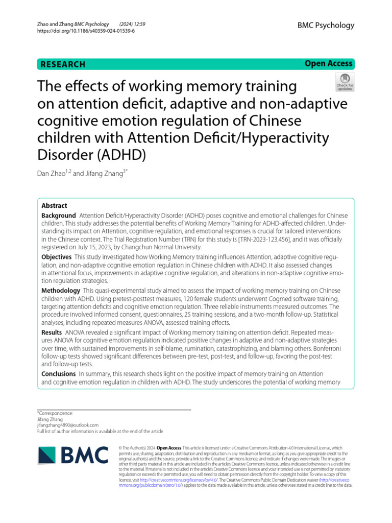The Efects of Working Memory Training On Attention Defcit, Adaptive and ...
