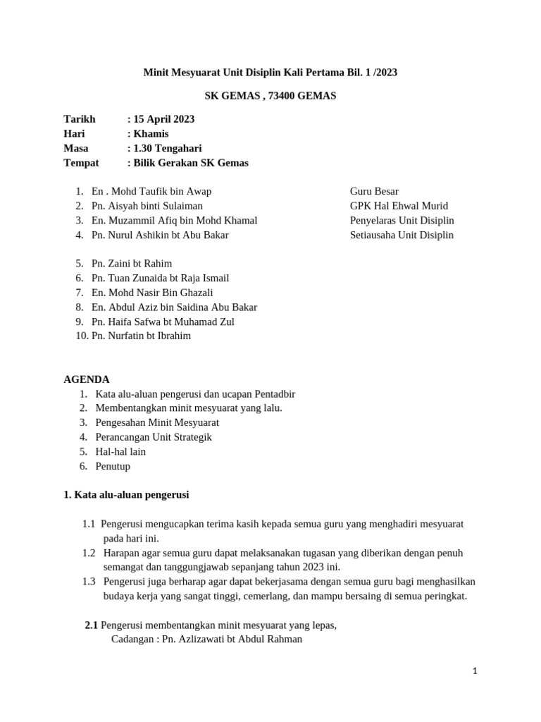 Minit Mesyuarat 1 Unit Disiplin 2023 | PDF