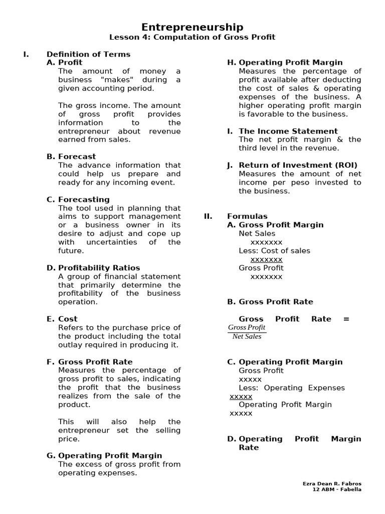 Gross Profit Computation in Entrepreneurship | PDF | Gross Income | Net ...