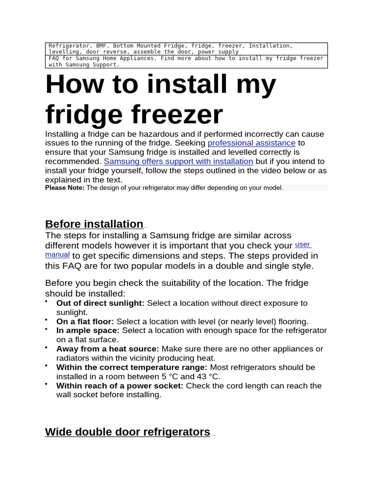 Samsung Fridge Freezer Installation Guide | PDF | Refrigerator ...