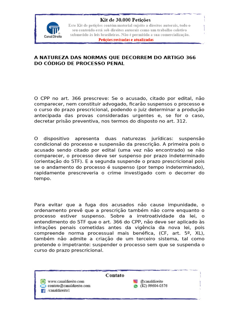 A NATUREZA DAS NORMAS QUE DECORREM DO ARTIGO 366 DO CÓDIGO DE PROCESSO PENAL | PDF