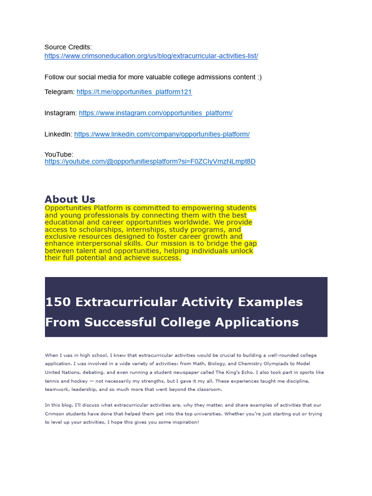 150 Examples of Extracurricular Activities | PDF | Leadership | Mathematics
