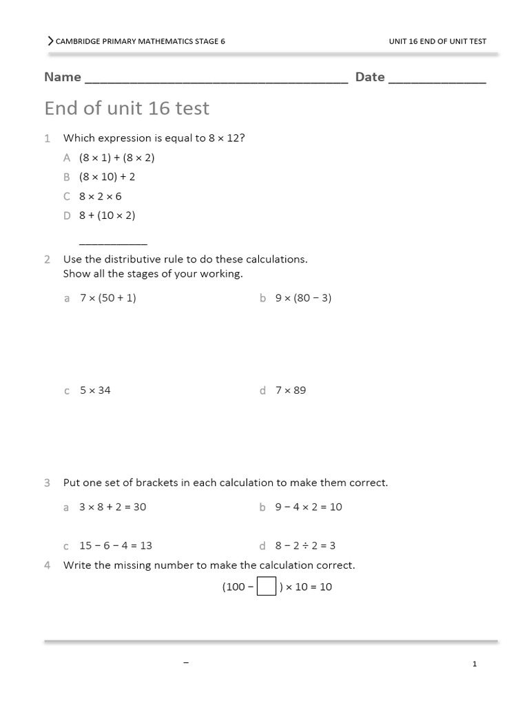 Prim Maths 6 2ed TR Unit 16 Test | PDF