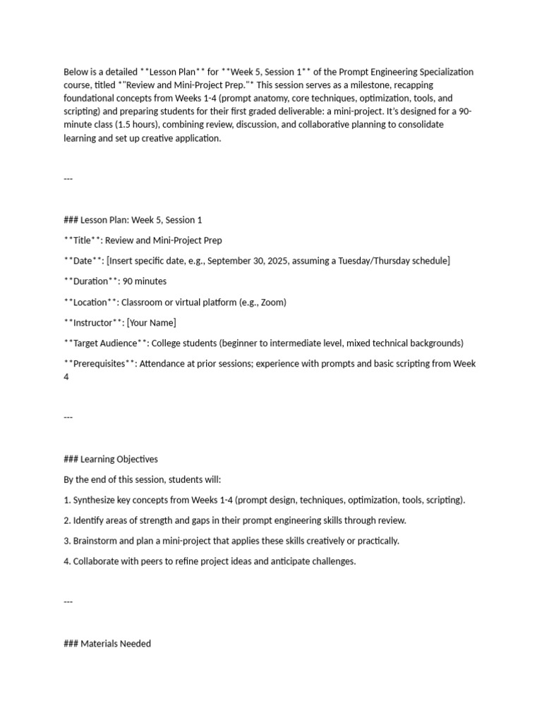 Week 5 Session 1 Lesson Plan Prompt Engineering | PDF | Lesson Plan | Brainstorming