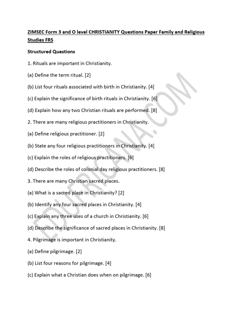 ZIMSEC Form 3 and O Level CHRISTIANITY Questions Paper Family and ...