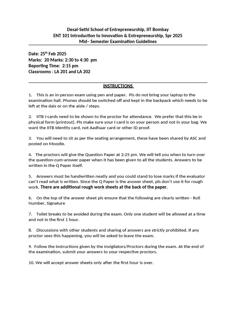 ENT 101 MidSem Guidelines - Spring 2025 | PDF