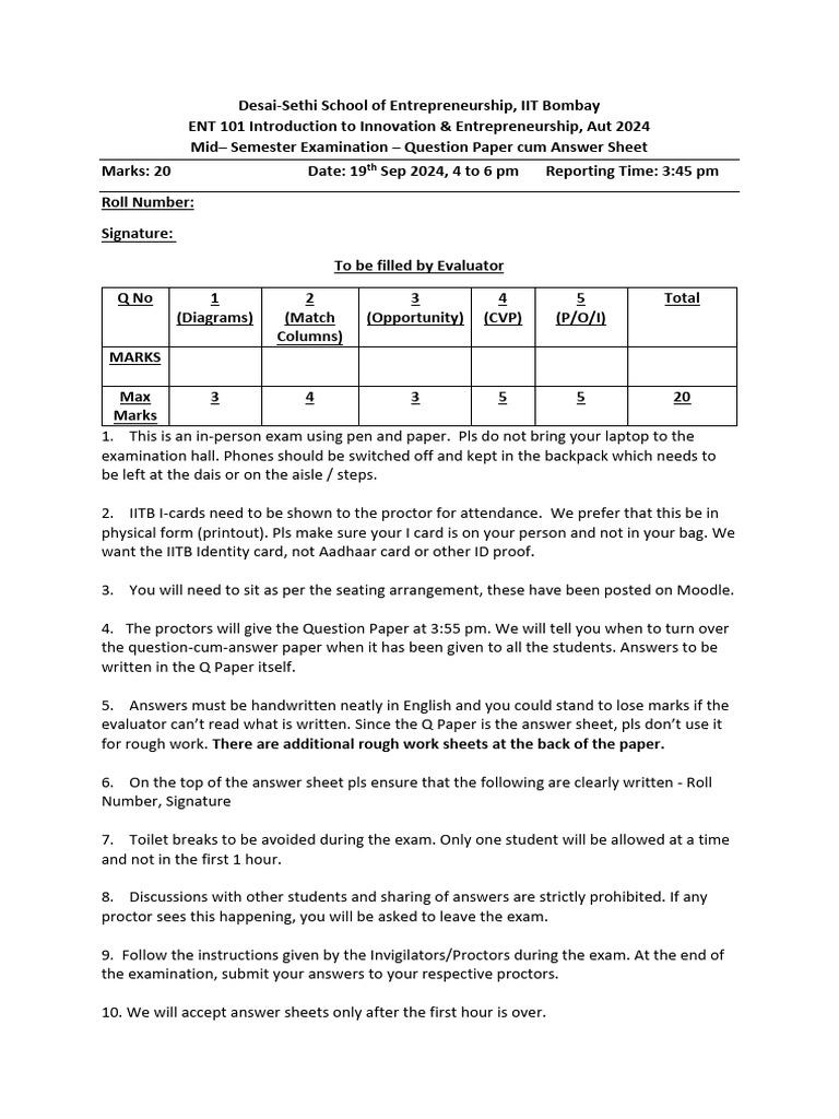 ENT 101 Mid Sem Autumn 2024 | PDF | Business