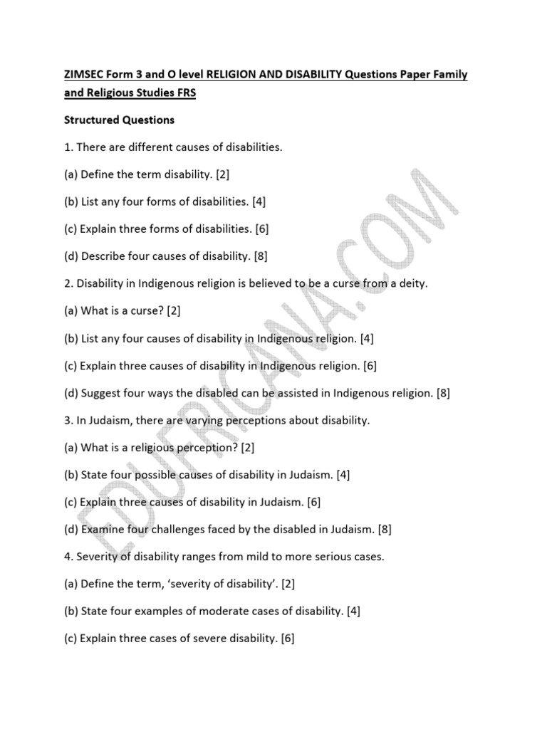 ZIMSEC Form 3 and O Level RELIGION AND DISABILITY Questions Paper Family and Religious Studies ...