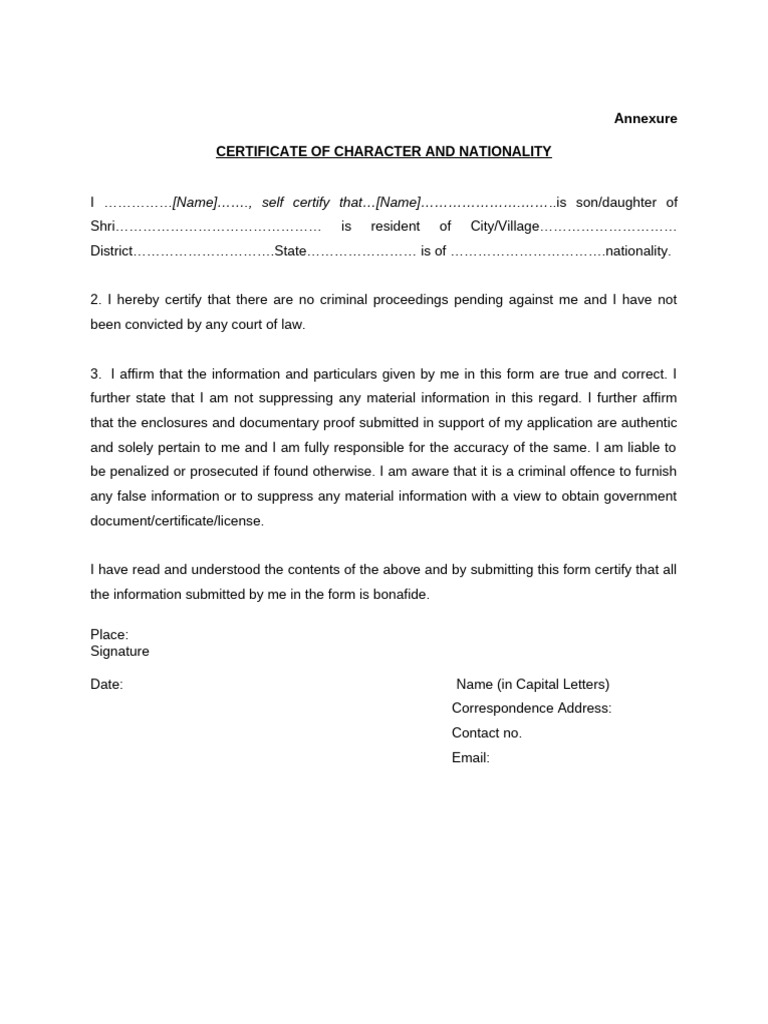 Certificate of Character and Nationality - Annexure | PDF