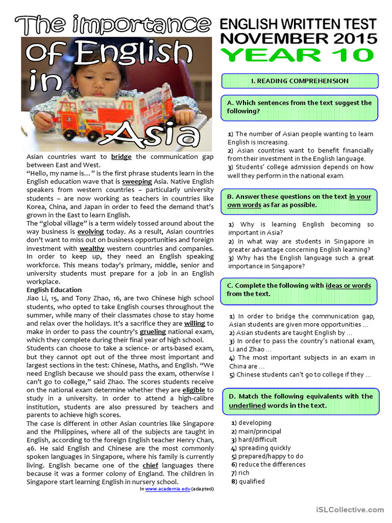 THE IMPORTANCE OF ENGLISH - 10th Grade Test | PDF | English Language ...