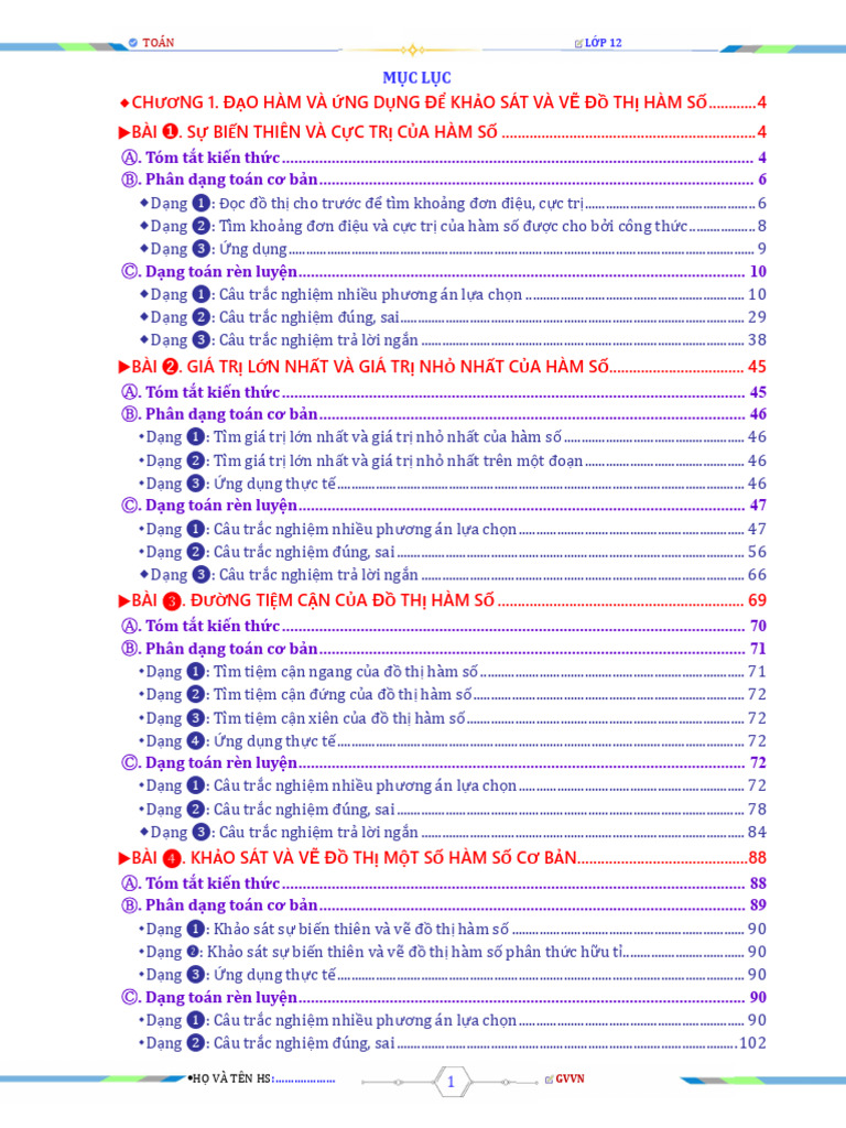 Đề Cương Toan 12 Hk1 | PDF