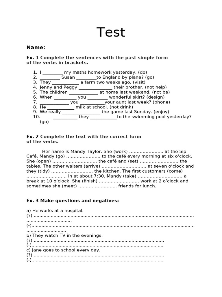 Past and Present Simple Test Exercises | PDF | Syntax | Grammar