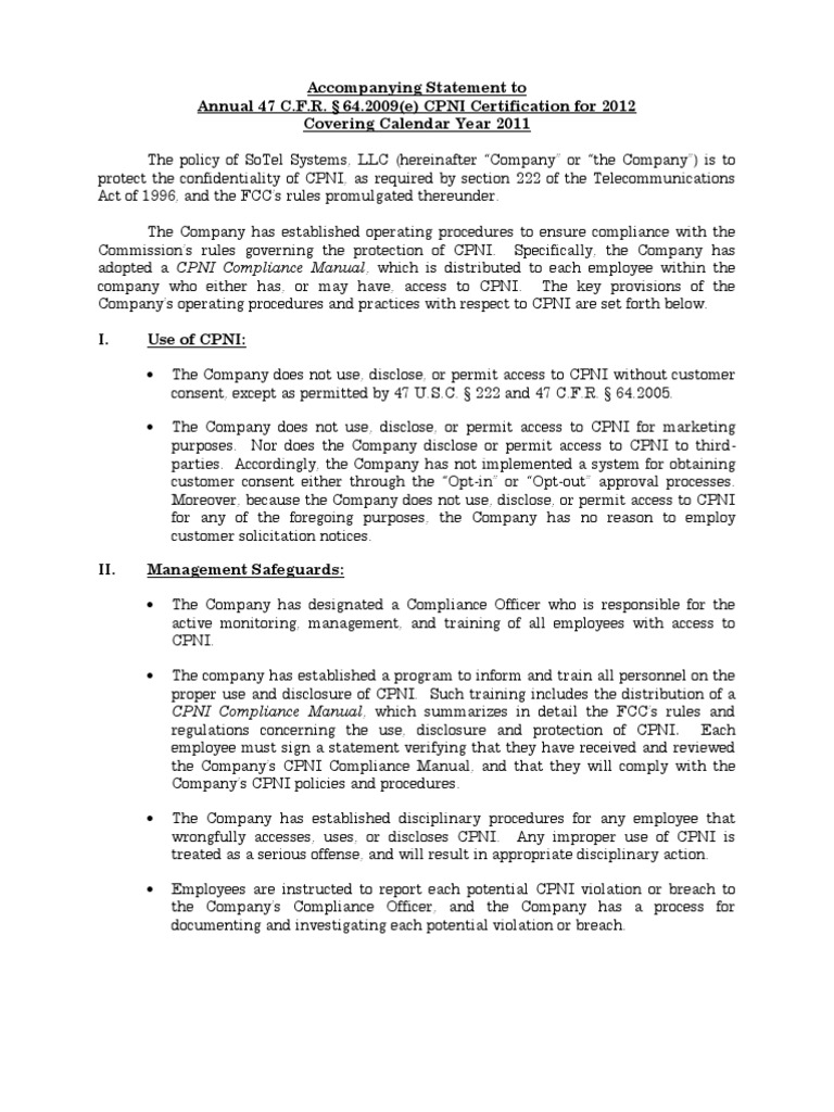 SoTel CPNI Compliance Certification 2012 | PDF | Federal Communications ...