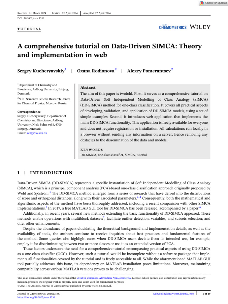 Journal of Chemometrics - 2024 - Kucheryavskiy - A comprehensive tutorial on Data‐Driven SIMCA ...