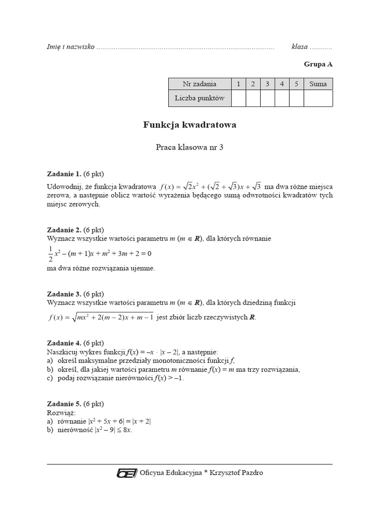 Klasowki kl2 Funkcja Kwadratowa 3 DW A ZR | PDF