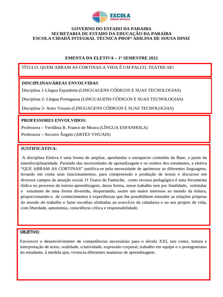 Ementa Da Eletiva - 2022.2 Corrigida | PDF | Teatro | Aprendizado
