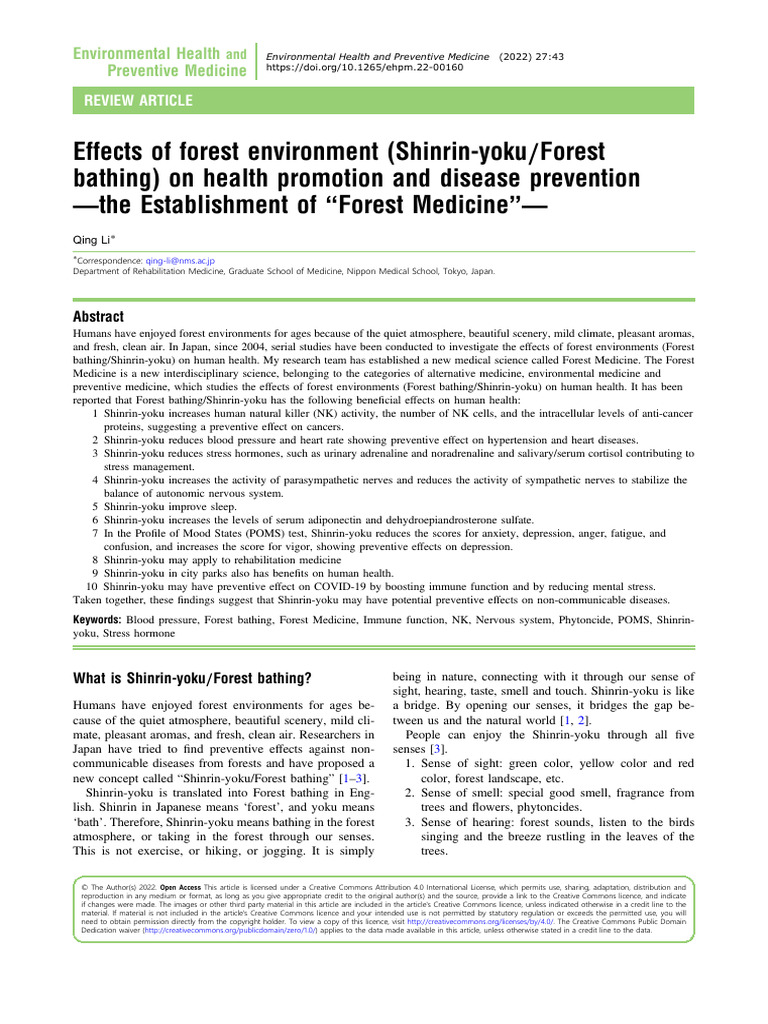 Qing Li (2022) Effects of forest environment (Shinrin-yokuForest bathing) on health promotion ...