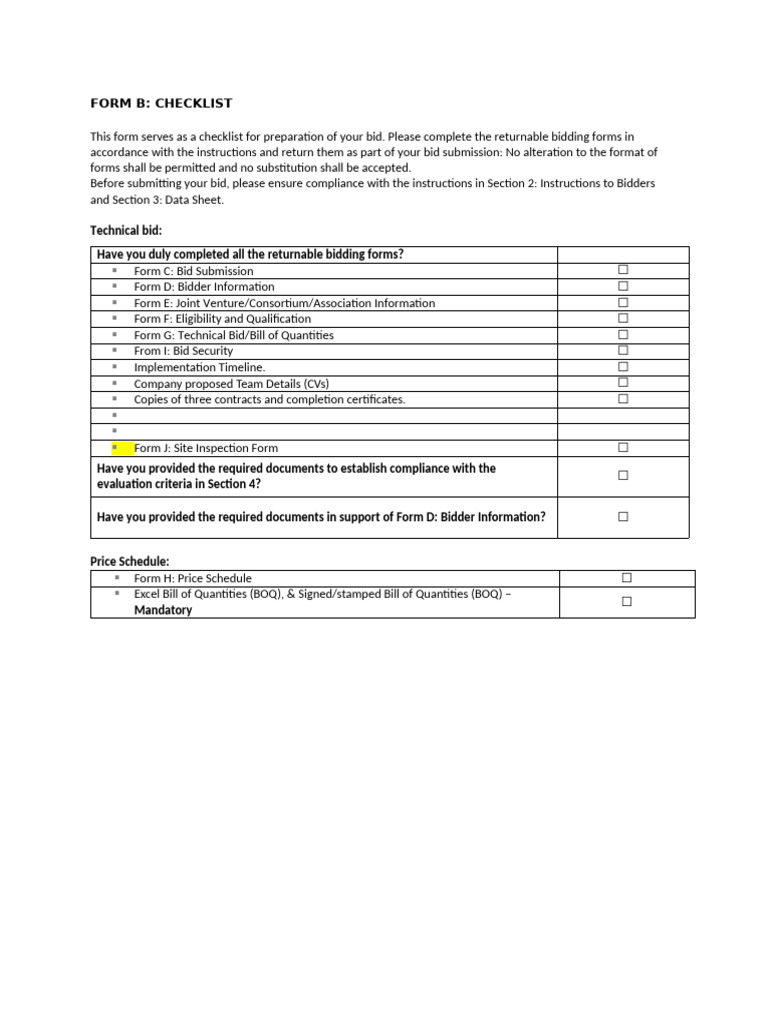 Bid Preparation Checklist Form | PDF