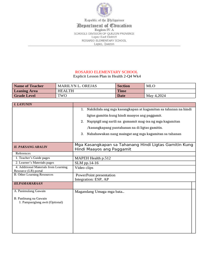 Cot 4 DLP - Health 2 - Demo Lesson Malyn - 10-18 | PDF