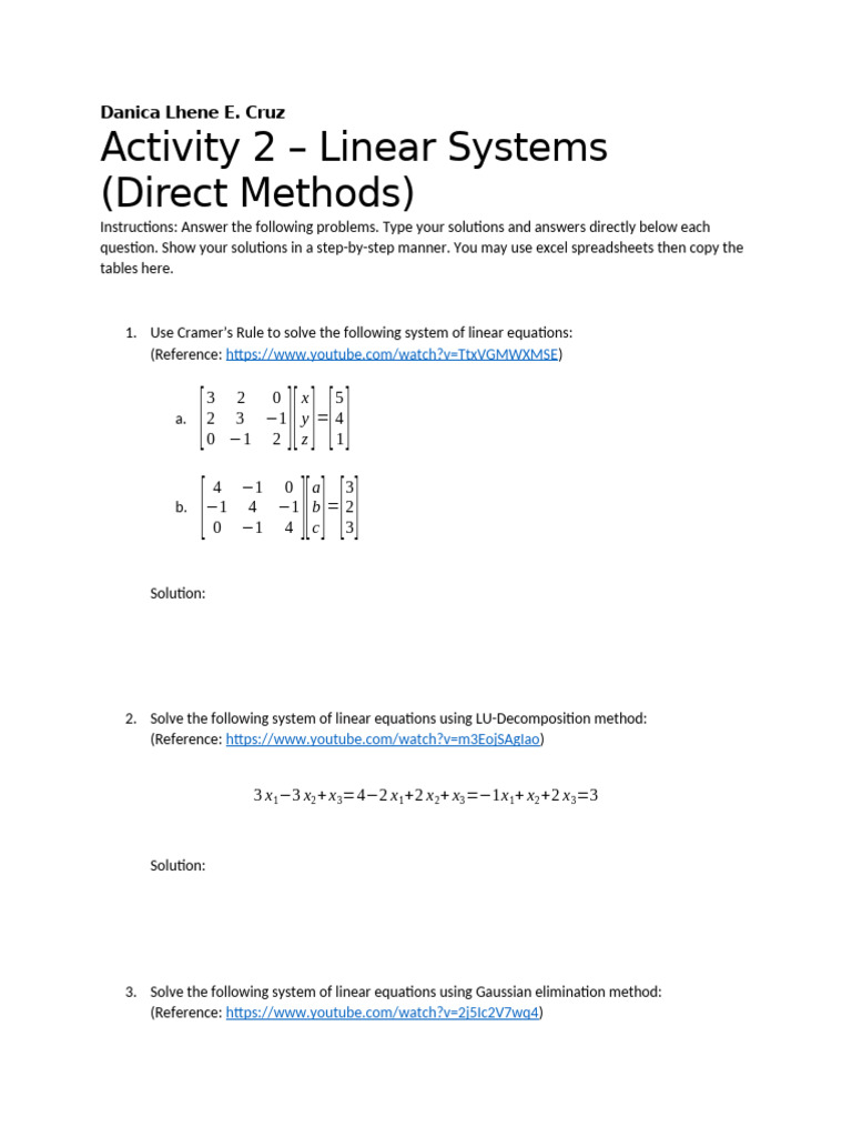 Activity 2 - Linear Systems - Direct Methods | PDF