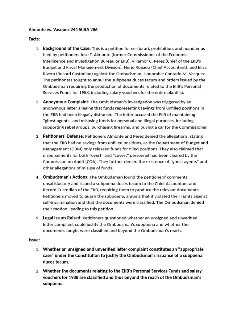 Almonte vs. Vasquez: Ombudsman Subpoena Case | PDF | Subpoena Duces ...