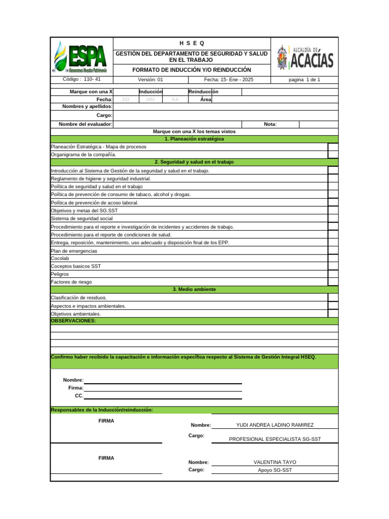 Formato Completo de Induccion y Reinduccion | PDF | Residuos | Reciclaje