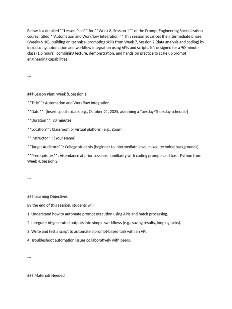 Week 8 Session 1 Lesson Plan Prompt Engineering | PDF | Automation | Lesson Plan