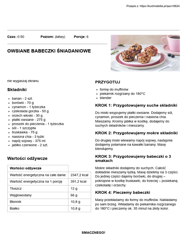 Owsiane babeczki śniadaniowe - przepis • Kuchnia Lidla | PDF