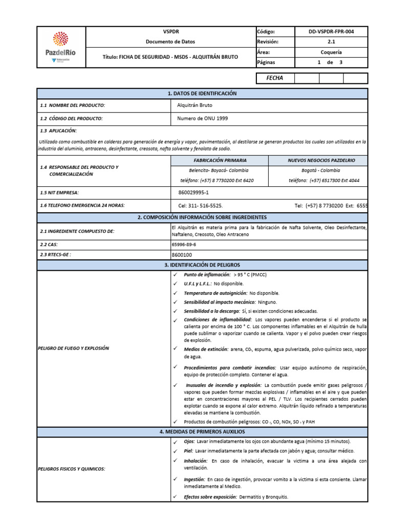 Ficha de Seguridad del Alquitrán Bruto | PDF | Combustión | Agua