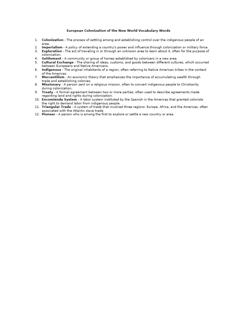 New World Colonization Vocabulary Guide | PDF