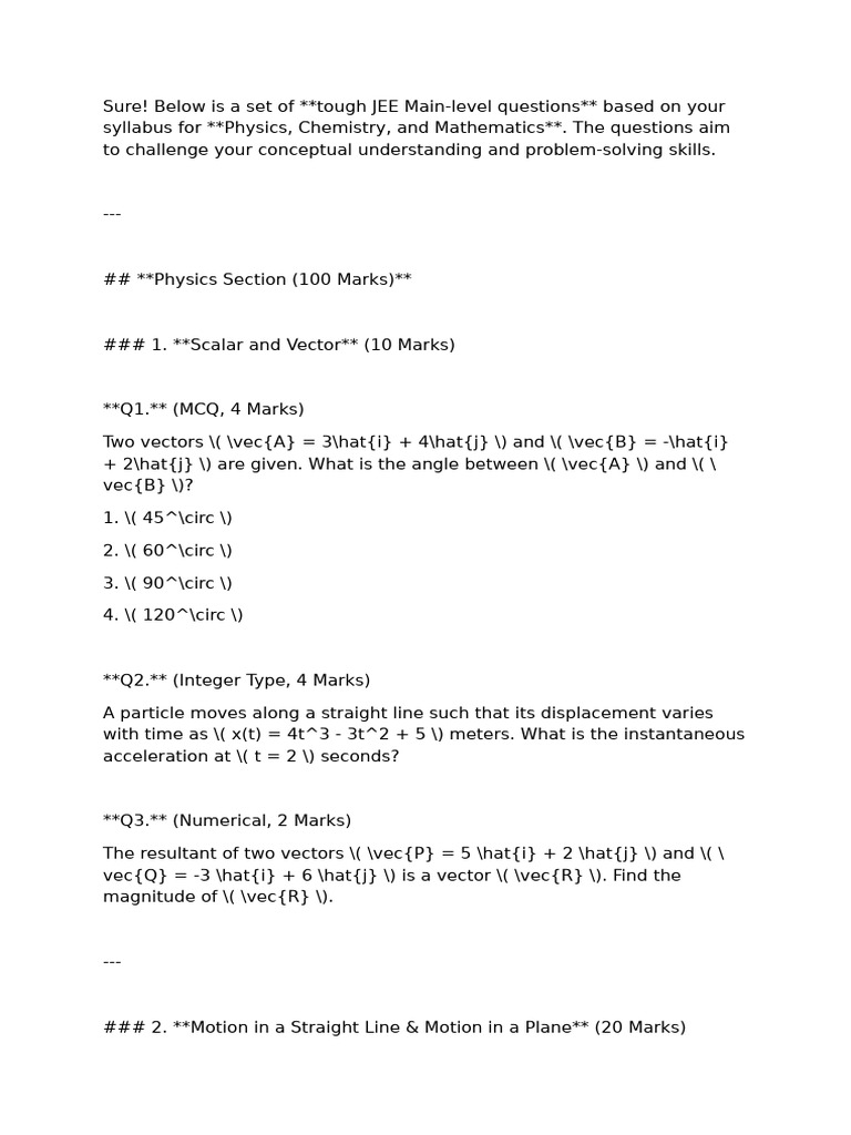 Jee Mock Test | PDF | Force | Redox