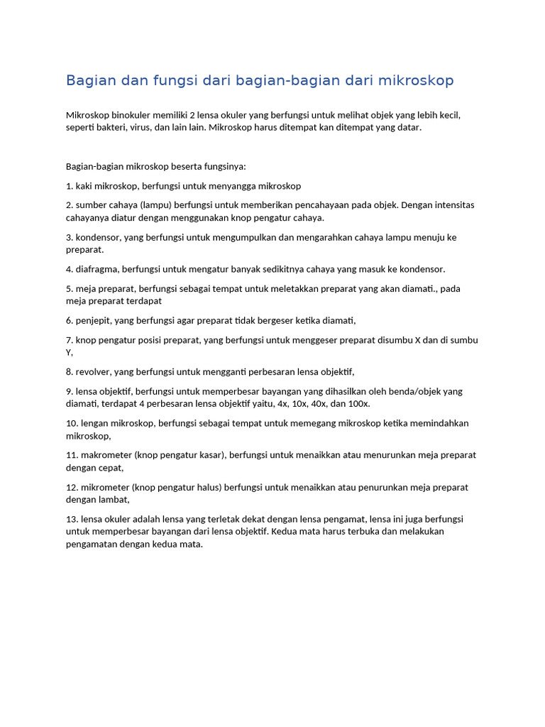 Fungsi Bagian-Bagian Mikroskop Binokuler | PDF