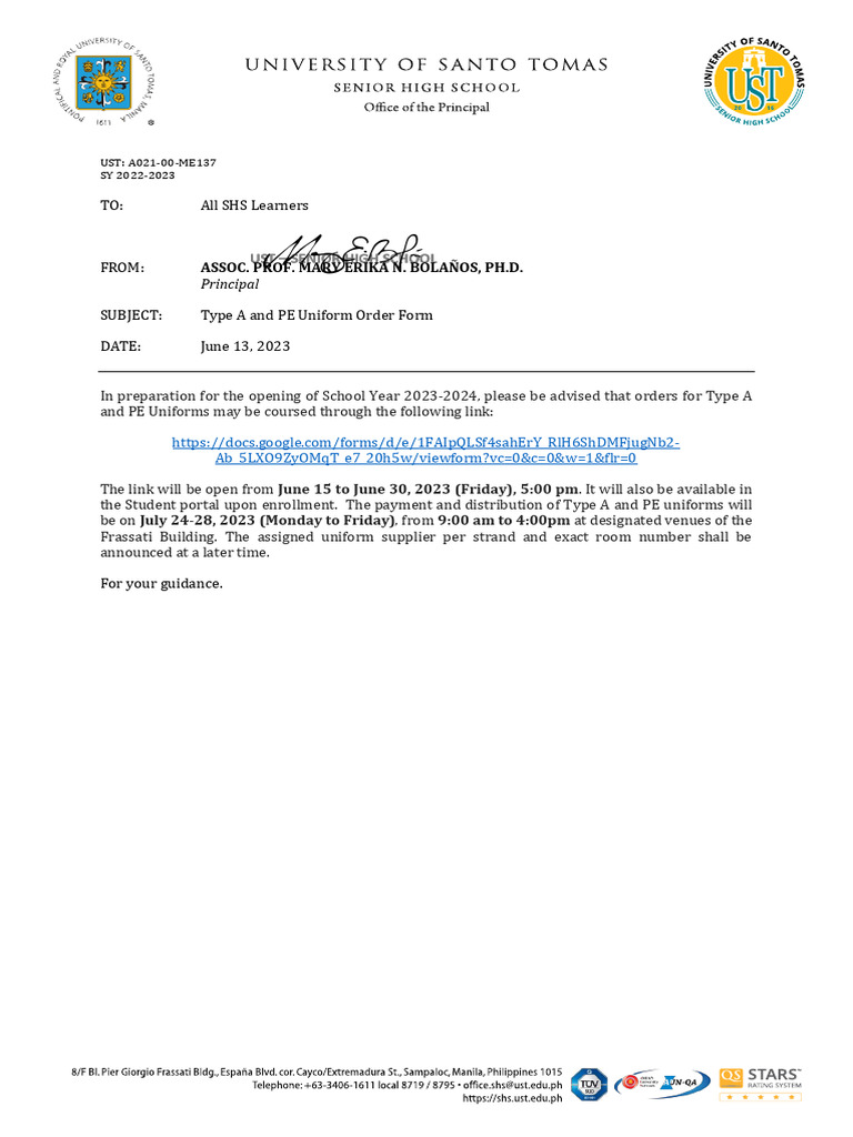 UST SHS Type A and PE Uniform Orders | PDF