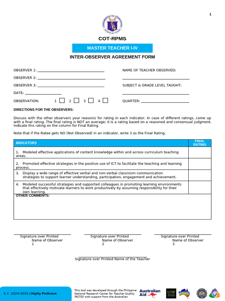 Appendix C 14 COT RPMS Inter Observer Agreement Form for MT I IV for SY ...