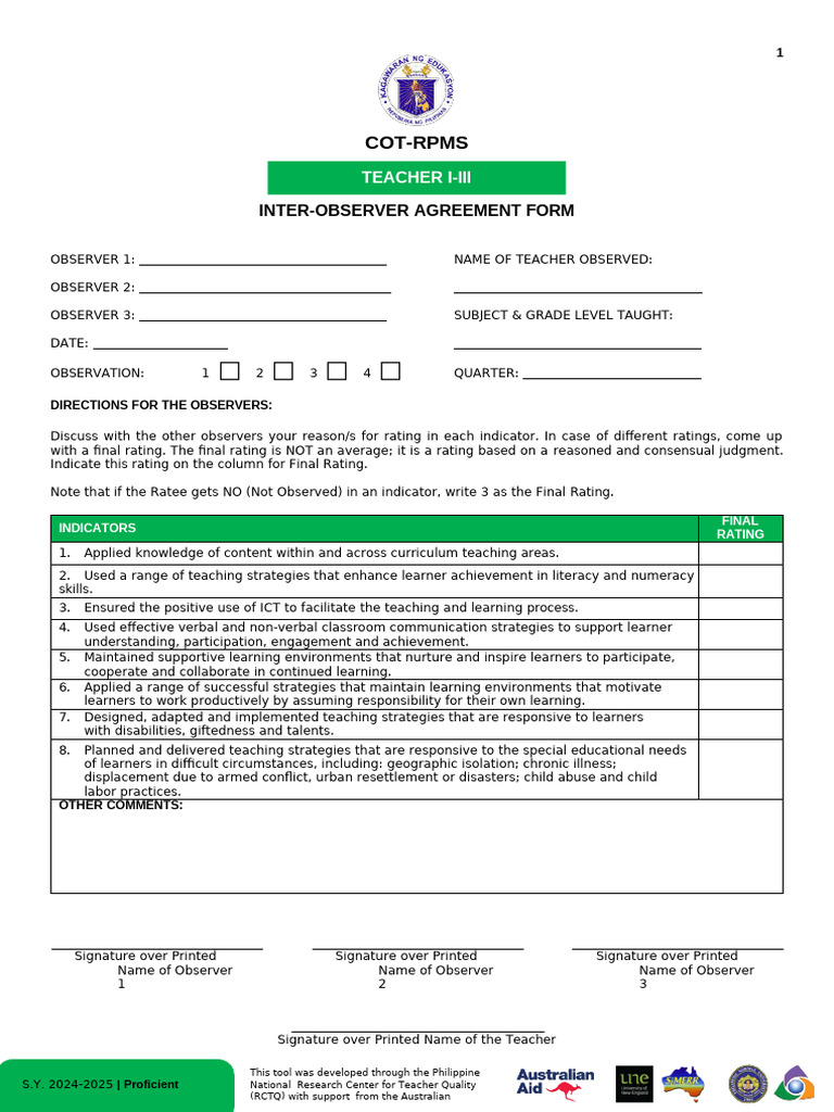 Appendix C 11 COT RPMS Inter Observer Agreement Form For T I III For SY ...