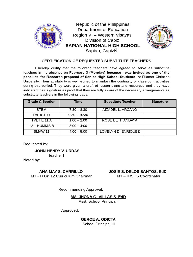 Certification of Requested Substitute Teachers-1 | PDF