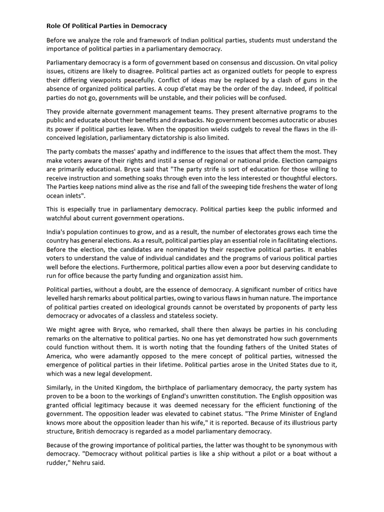 Importance of Political Parties in Democracy | PDF | Democracy ...