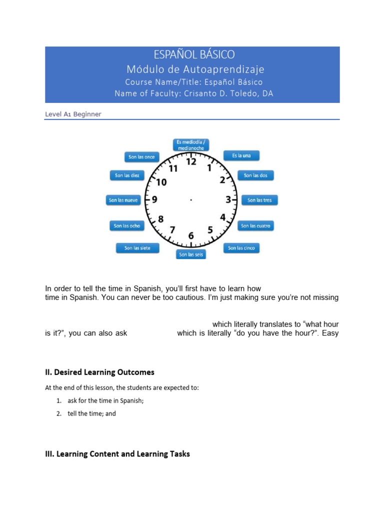 Span1 Unit 9 Telling Time 2 | PDF