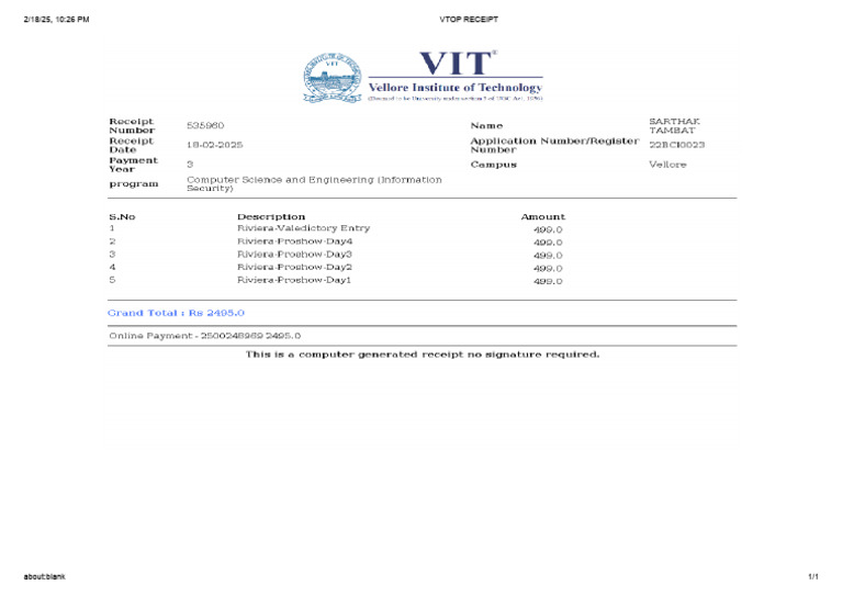 Vtop Receipt | PDF