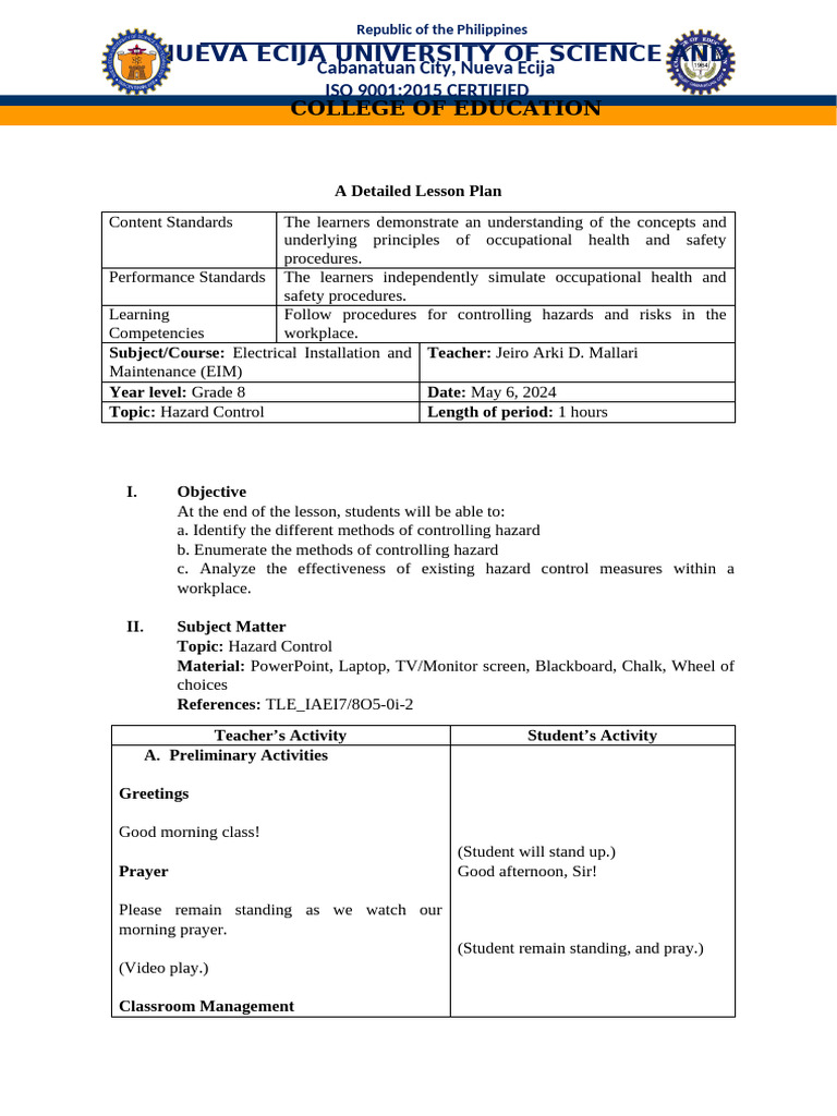 Final DLP (Hazard Control) | PDF | Hazards | Personal Protective Equipment