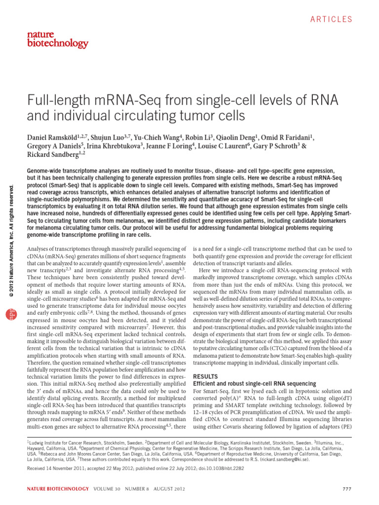 Full-Length mRNA-Seq From Single-Cell Levels of RNA | PDF ...