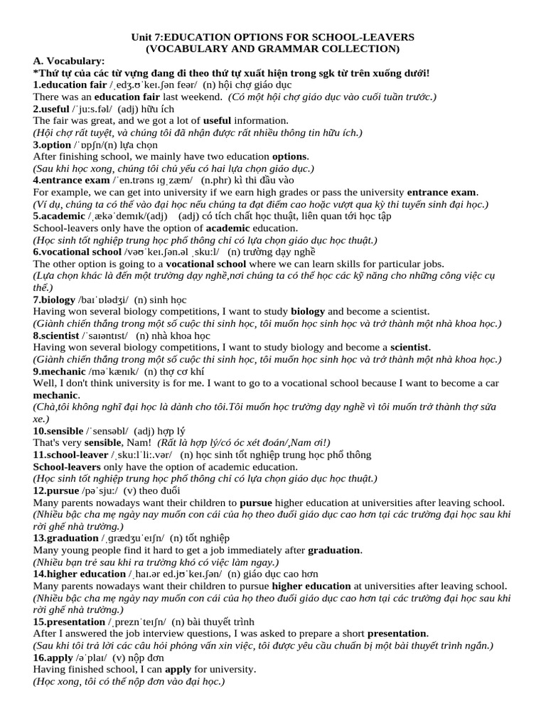 Vocabulary and Grammar - U7 - HS | PDF