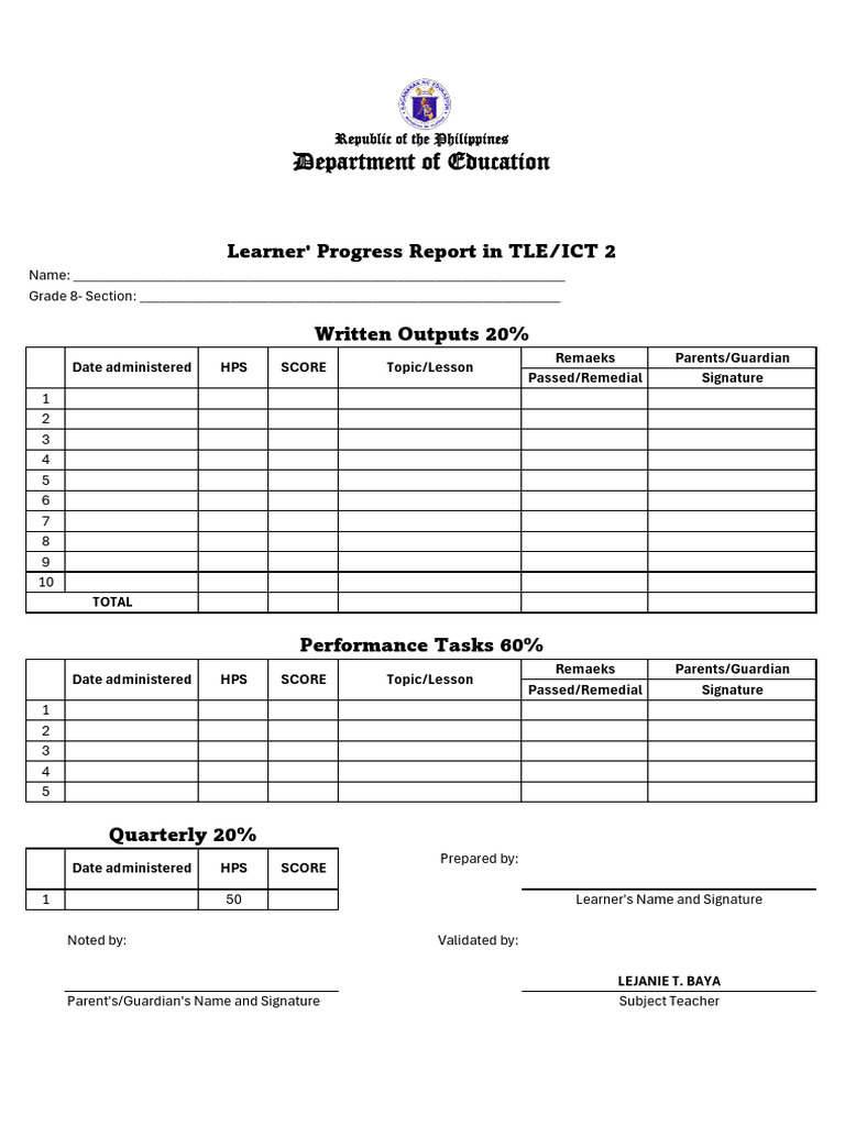 Grade 8 Learner's Progress Report Template | PDF