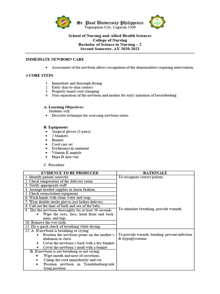 Immediate Newborn Care A.y.2020-2021 | PDF | Injection (Medicine ...